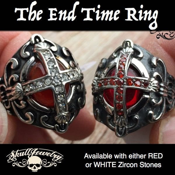 'The End Time' Cross Ring With Blood Red Inner Stone & White CZ Cross ...